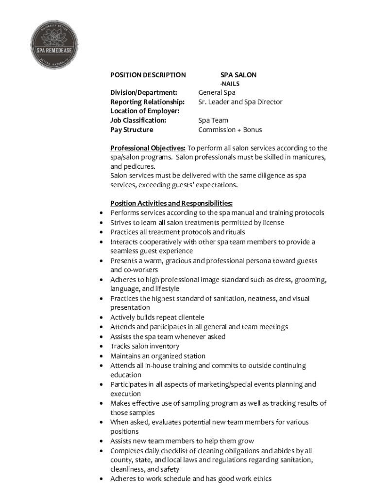 Fillable Online POSITION DESCRIPTION SPA SALON Division/Department Fax Email Print - pdfFiller