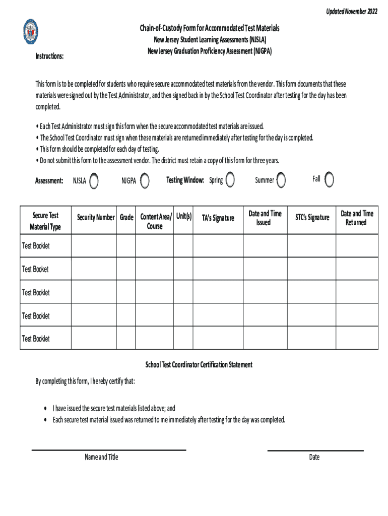 Fillable Online Chain-of-Custody Form for Accommodated Test Materials ...