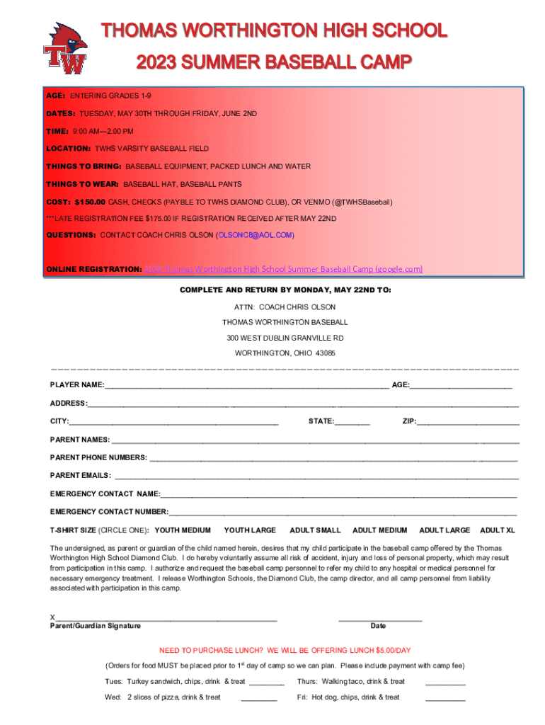 Fillable Online 2023 Thomas Worthington Summer Baseball Camp Registration Form Fax Email Print ...