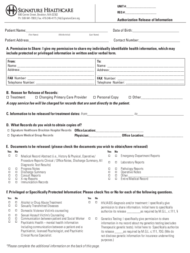 Fillable Online Authorization Release of Information Patient Name Fax Email Print - pdfFiller