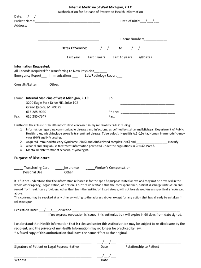 Fillable Online Authorization to Release Medical Record Information Fax ...
