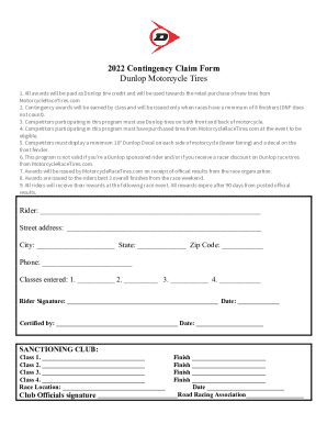 Fillable Online 2022 Contingency Claim Form Dunlop Motorcycle Tires Fax ...