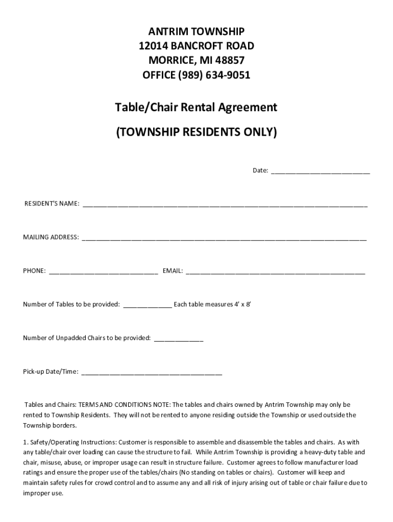 Fillable Online Table/Chair Rental Agreement (TOWNSHIP RESIDENTS ONLY ...