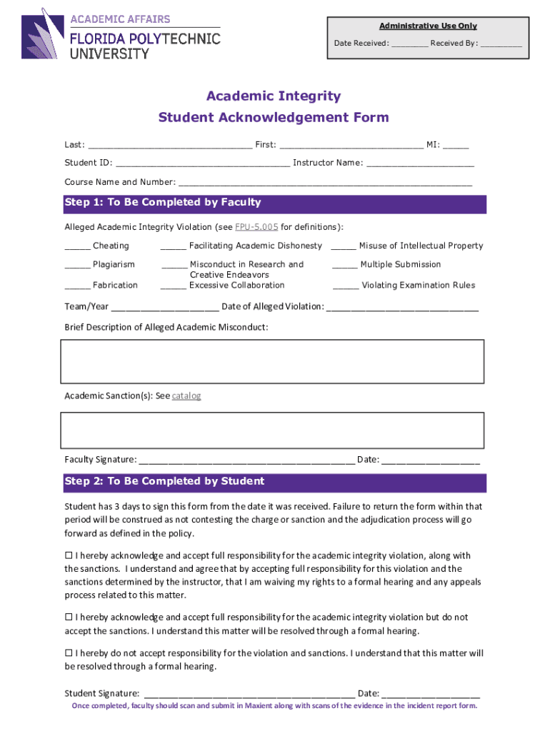 Fillable Online Academic Integrity Student Acknowledgement Form Fax ...