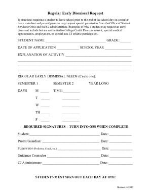 Fillable Online Regular Early Dismissal Request Fax Email Print - pdfFiller