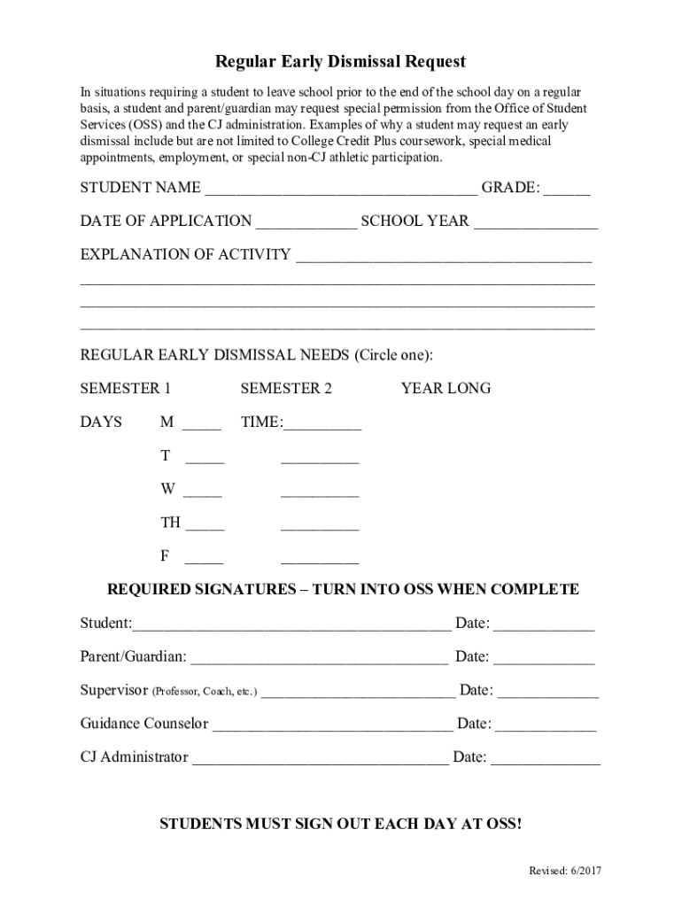 Fillable Online Regular Early Dismissal Request Fax Email Print - pdfFiller