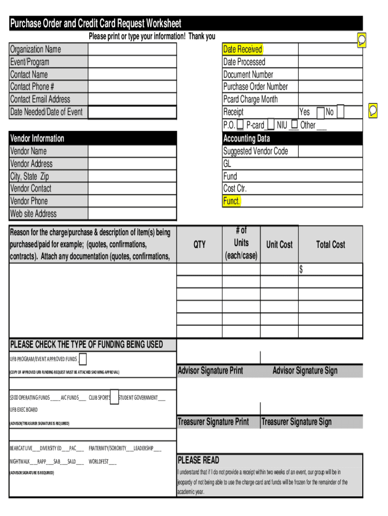 Fillable Online Purchase Order and Credit Card Request Worksheet - uc ...