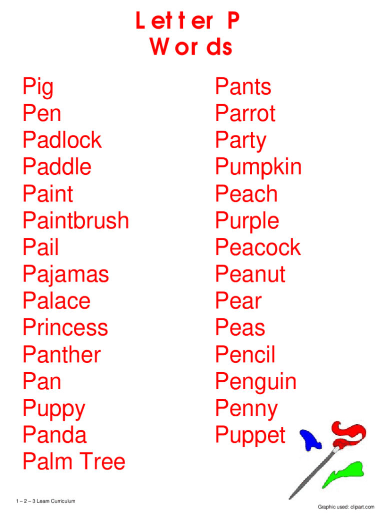 Fillable Online Letter P Words Pig Pen Padlock Paddle Paint Paintbrush ...