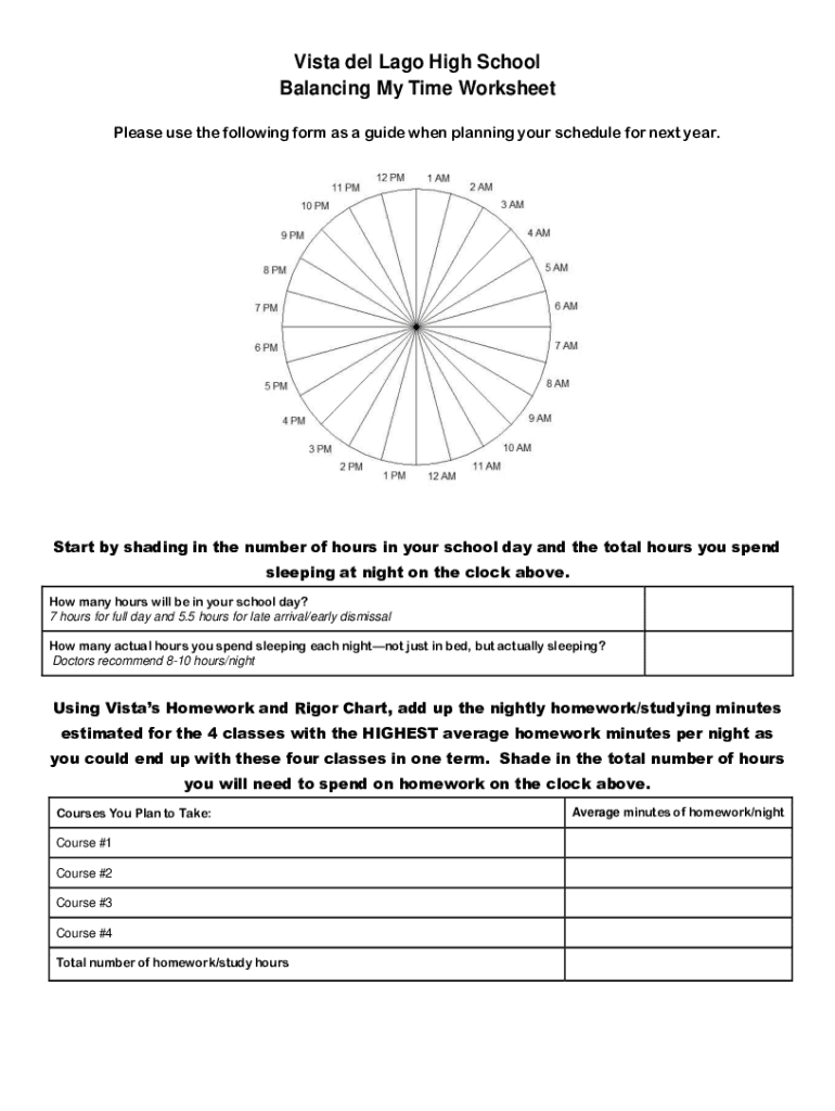 Fillable Online Vista del Lago High School Balancing My Time Worksheet ...