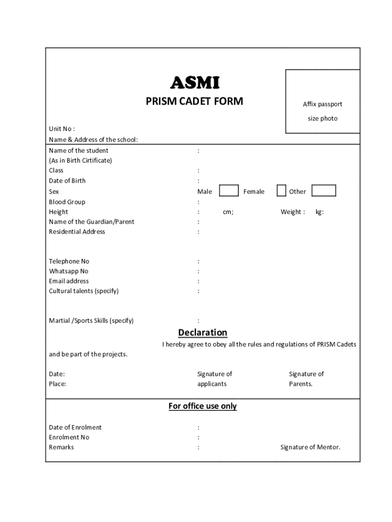 Fillable Online asmi - prism cadet form Fax Email Print - pdfFiller