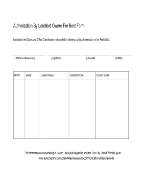Fillable Online Authorization By Landlord Owner For Rent Form Fax Email ...