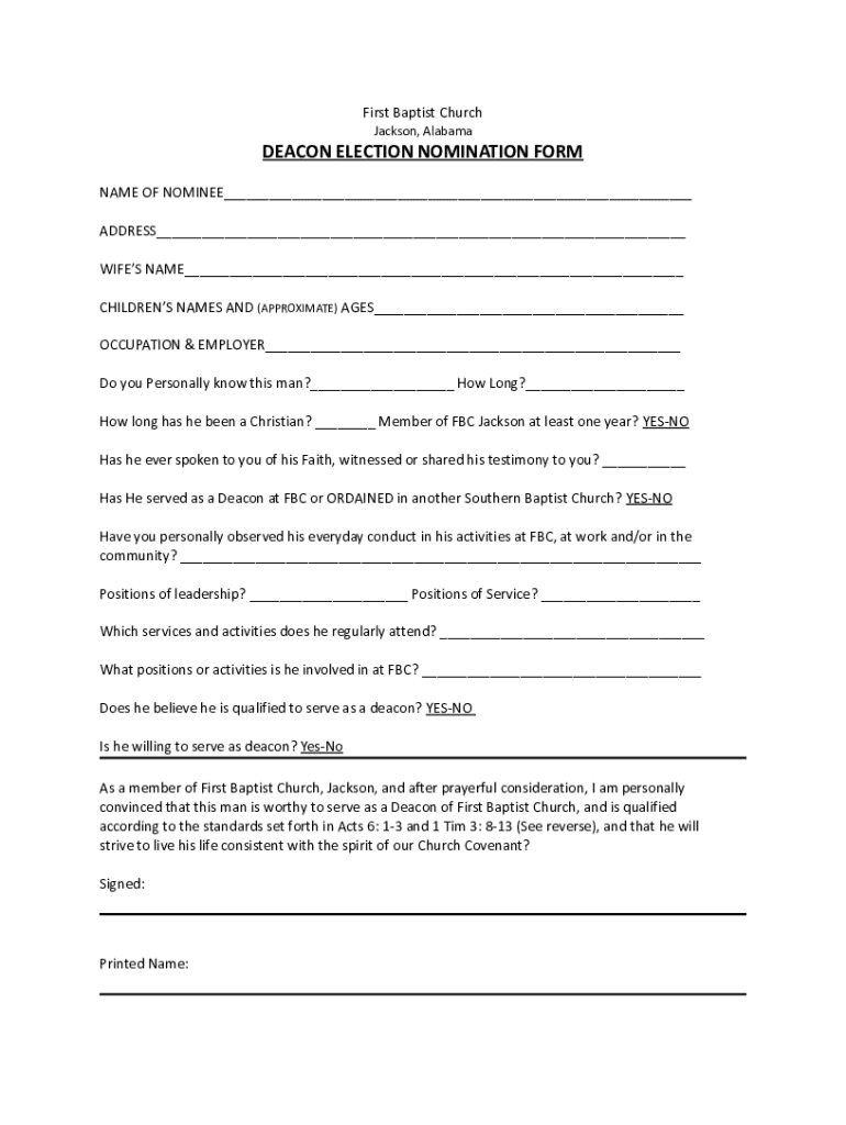 Fillable Online DEACON ELECTION NOMINATION FORM Fax Email Print - pdfFiller