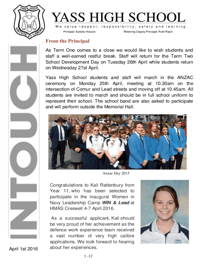 Fillable Online A message from Principal Linda Langton.By Yass High ...