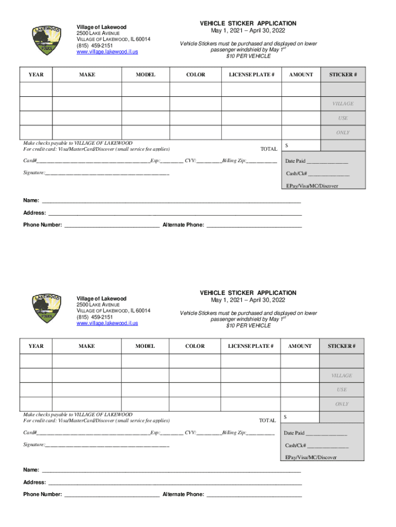 Fillable Online Vehicle Sticker Application - Village of Lakewood, IL ...