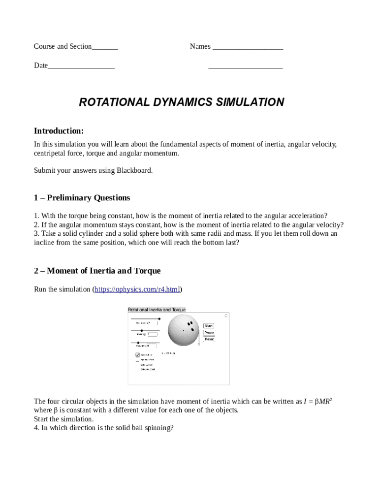 Fillable Online Rotational Dynamics SIM-4.pdf - Course and Section Date Fax Email Print - pdfFiller