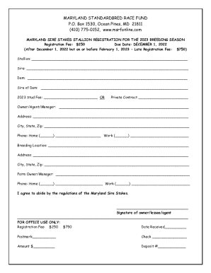Fillable Online maryland sire stakes stallion registration for the 2023 ...
