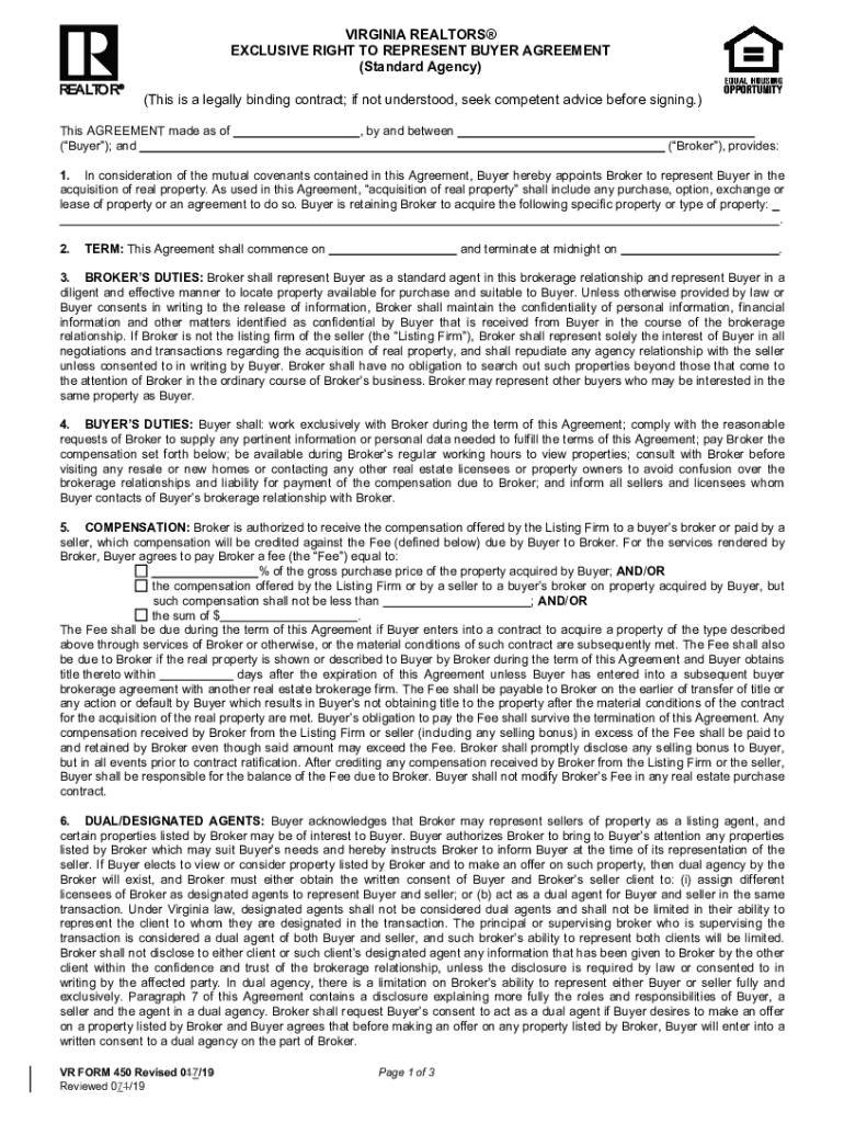 Fillable Online Virginia REALTORS Form 450 - Exclusive Buyers Brokerage ...