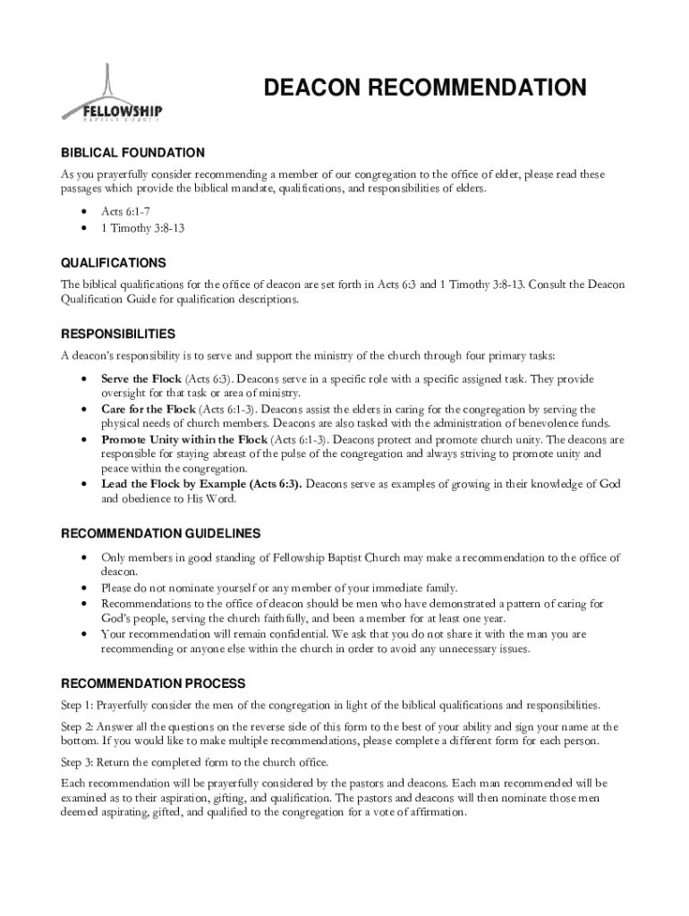 Fillable Online Deacon Recommendation Form (Updated 04-12-23) Fax Email ...