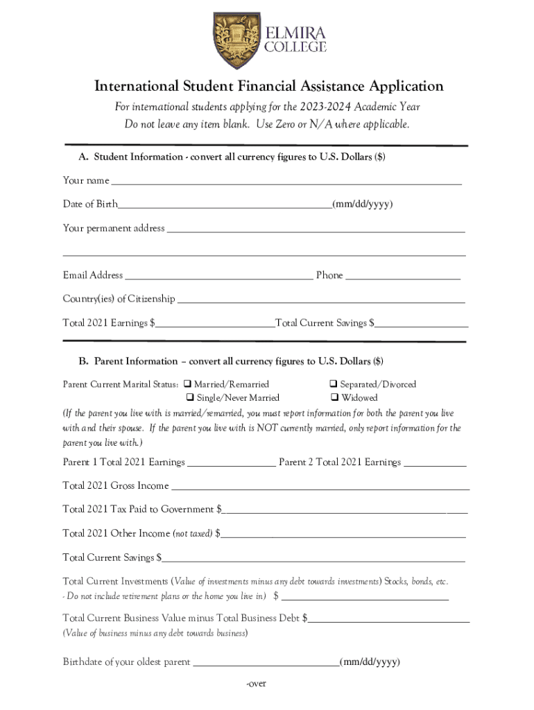 Fillable Online International Student Financial Assistance Application Fax Email Print - pdfFiller