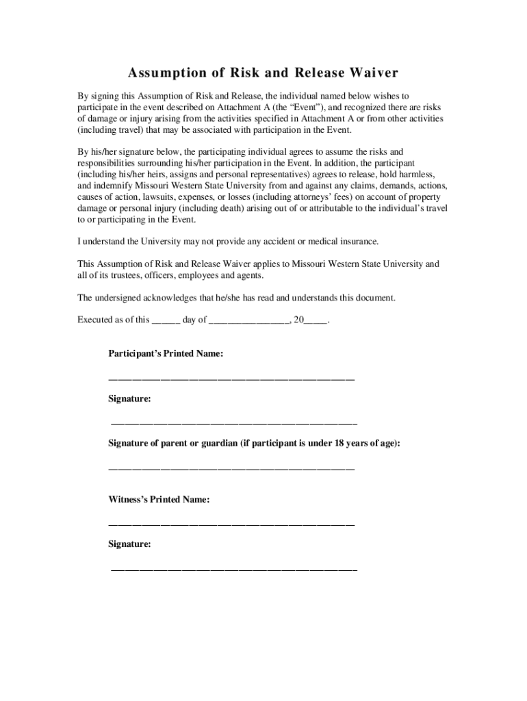 Fillable Online waiver and release of liability, assumption of risk Fax Email Print - pdfFiller