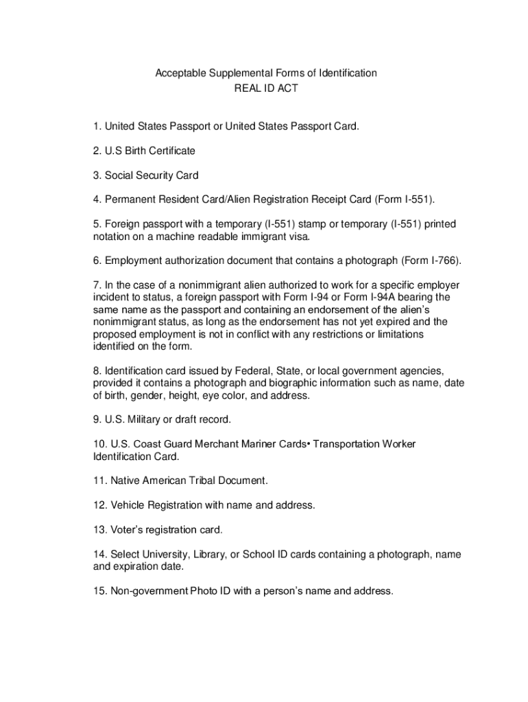 Fillable Online Acceptable Supplemental Forms of Identification REAL ID ACT 1 ... Fax Email ...