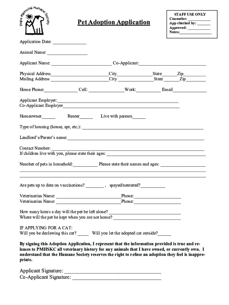Fillable Online PMHS Adoption Application. Fillable PDF version Fax ...