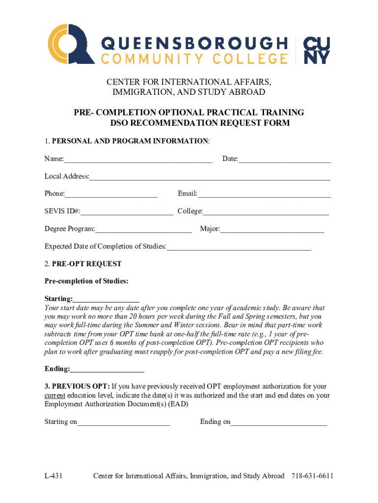 Fillable Online Pre-Completion OPT Recommendation Request Form Fax Email Print - pdfFiller