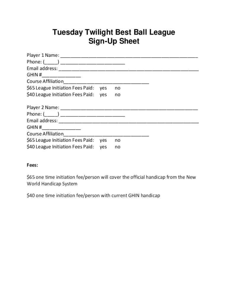 Fillable Online Tuesday Twilight Best Ball League Sign-Up Sheet Fax ...
