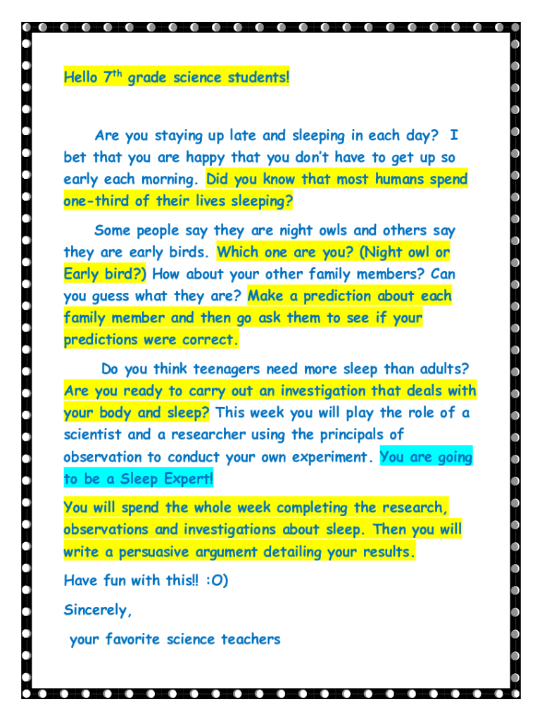 Fillable Online Hello 7th grade science students! Are you staying up late ... Fax Email Print ...