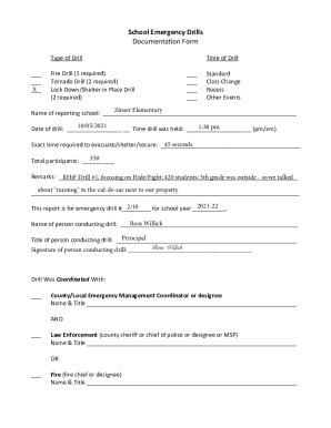 Fillable Online School Emergency Drills. - Documentation Form Fax Email ...