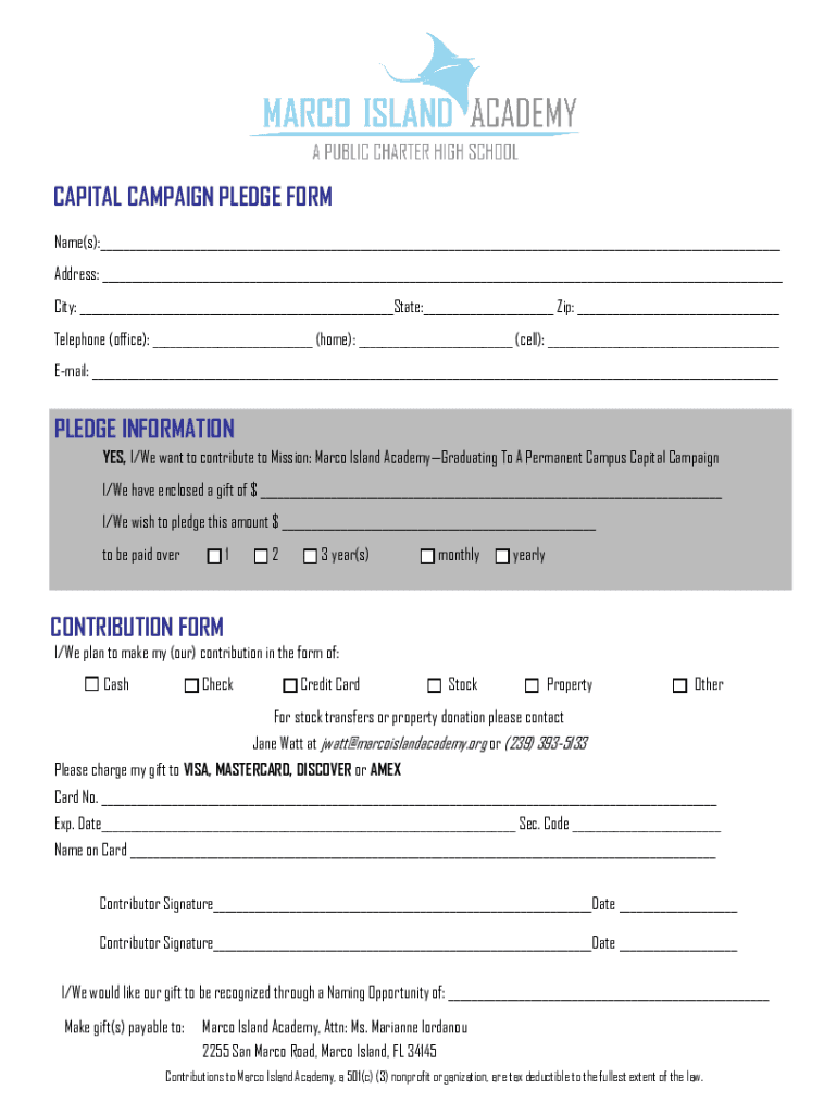 Fillable Online CAPITAL CAMPAIGN PLEDGE FORM PLEDGE INFORMATION ... Fax ...