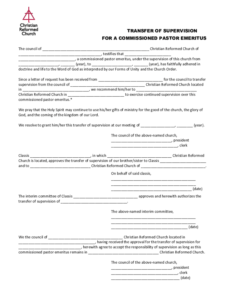 Fillable Online Transfer of Supervision for a Commissioned Pastor ...