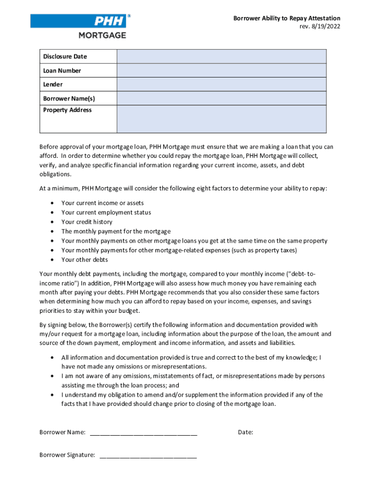 Fillable Online Borrower Ability to Repay Attestation rev. 8/19/2022 ...