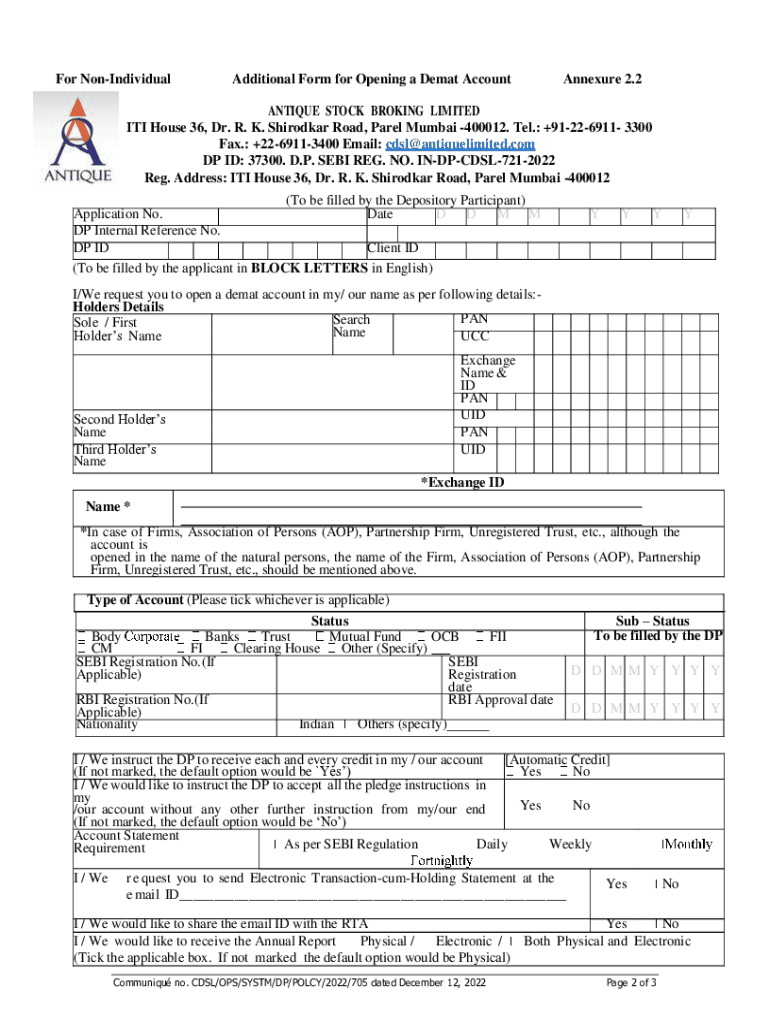 Fillable Online For Non-Individual Additional Form for Opening a Demat ...