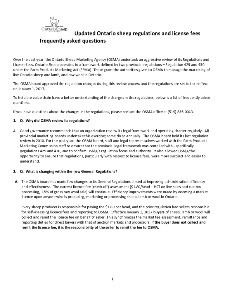 Fillable Online Updated Ontario sheep regulations and license fees ...