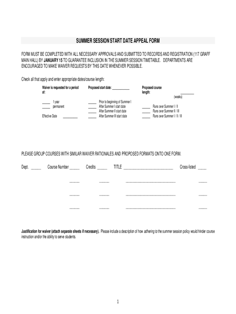 Fillable Online SUMMER SESSION START DATE APPEAL FORM Fax Email Print ...