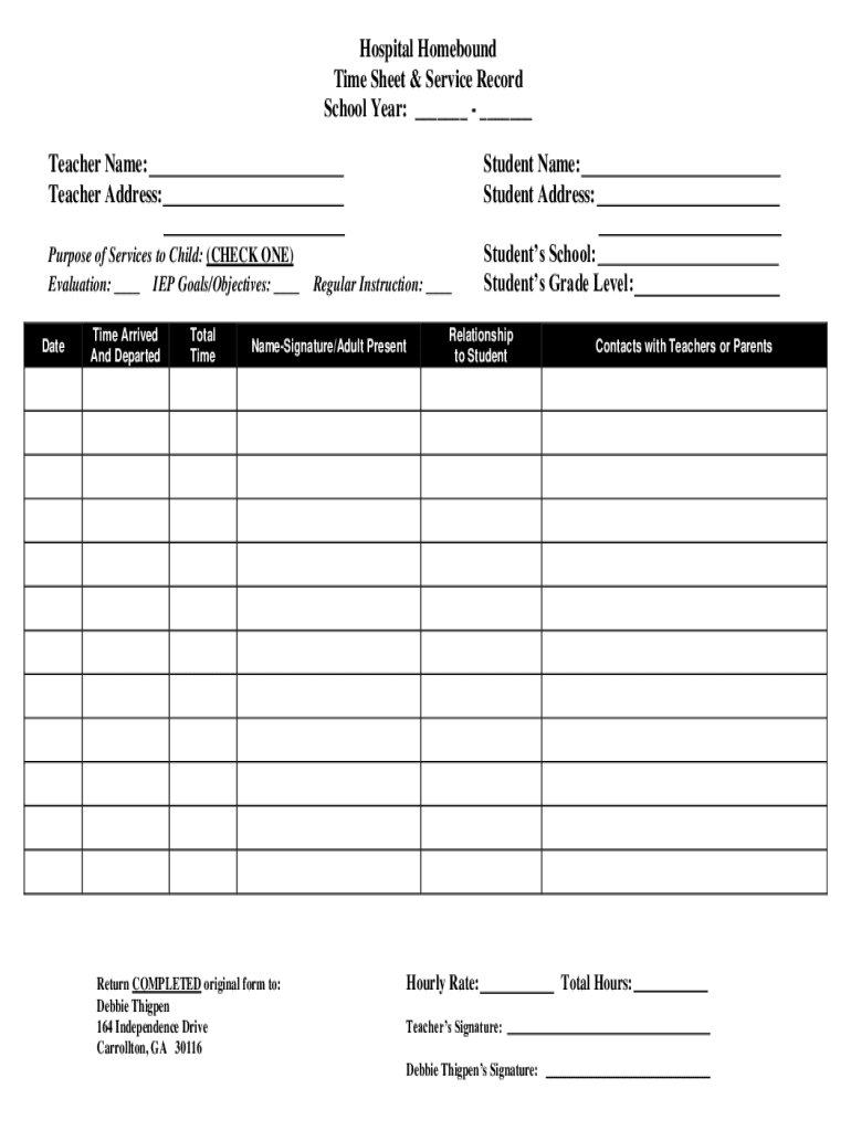 Fillable Online Hospital Homebound Time Sheet & Service Record School ...