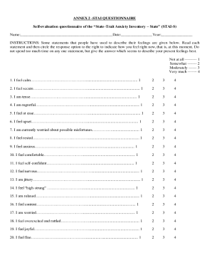 Fillable Online State-Trait Anxiety Inventory for Adults (STAI) Form Y ...