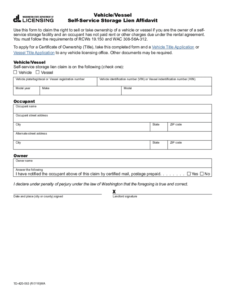 Fillable Online Vehicle/Vessel Self-Service Storage Lien Affidavit ...
