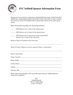 Fillable Online SYC Softball Sponsor Information Form Fax Email Print - pdfFiller