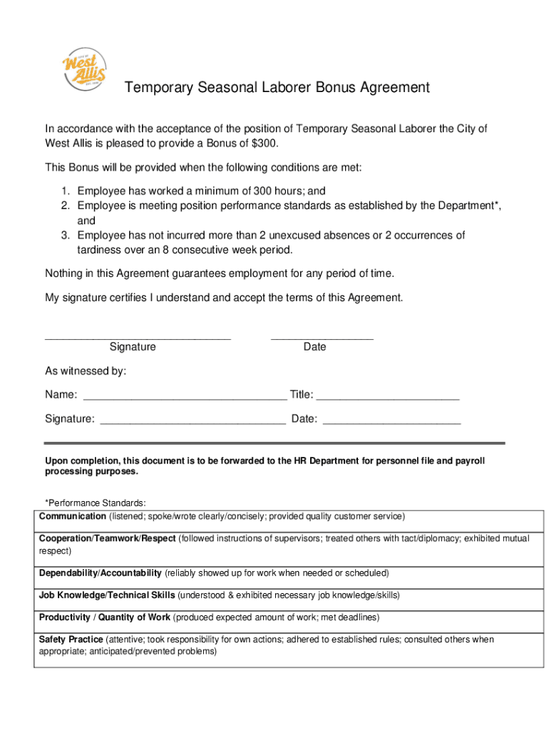 Fillable Online Temporary Seasonal Laborer Bonus Agreement Fax Email ...