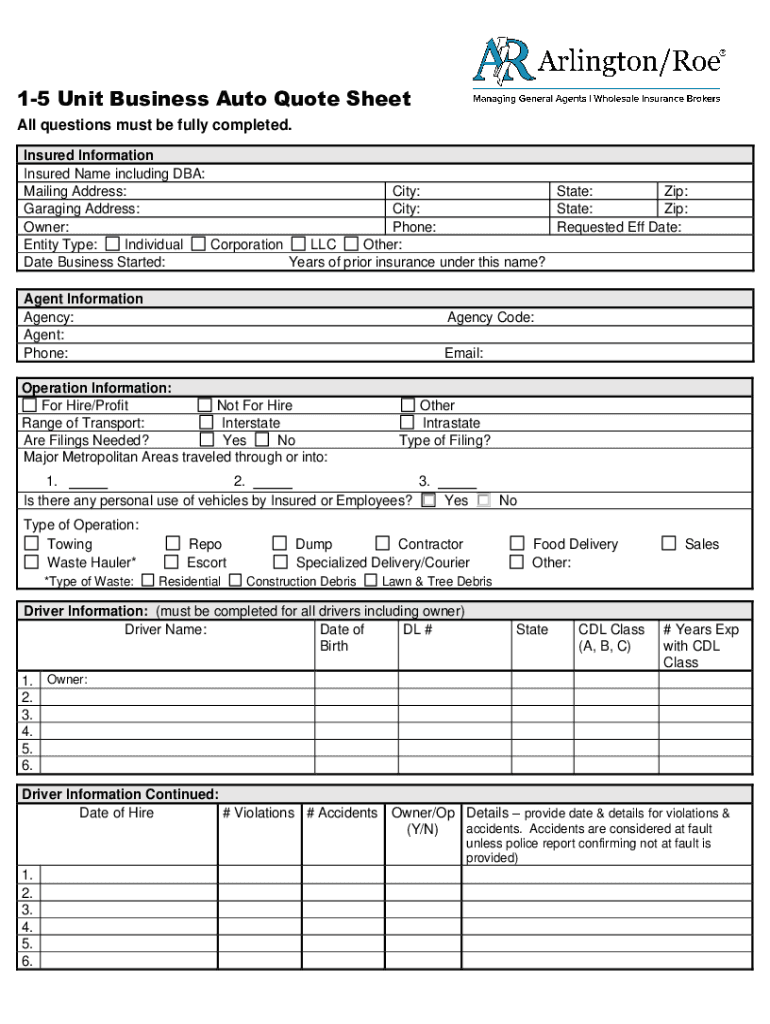 Fillable Online 1-5 Unit Business Auto Quote Sheet Arlington/Roe Fax ...