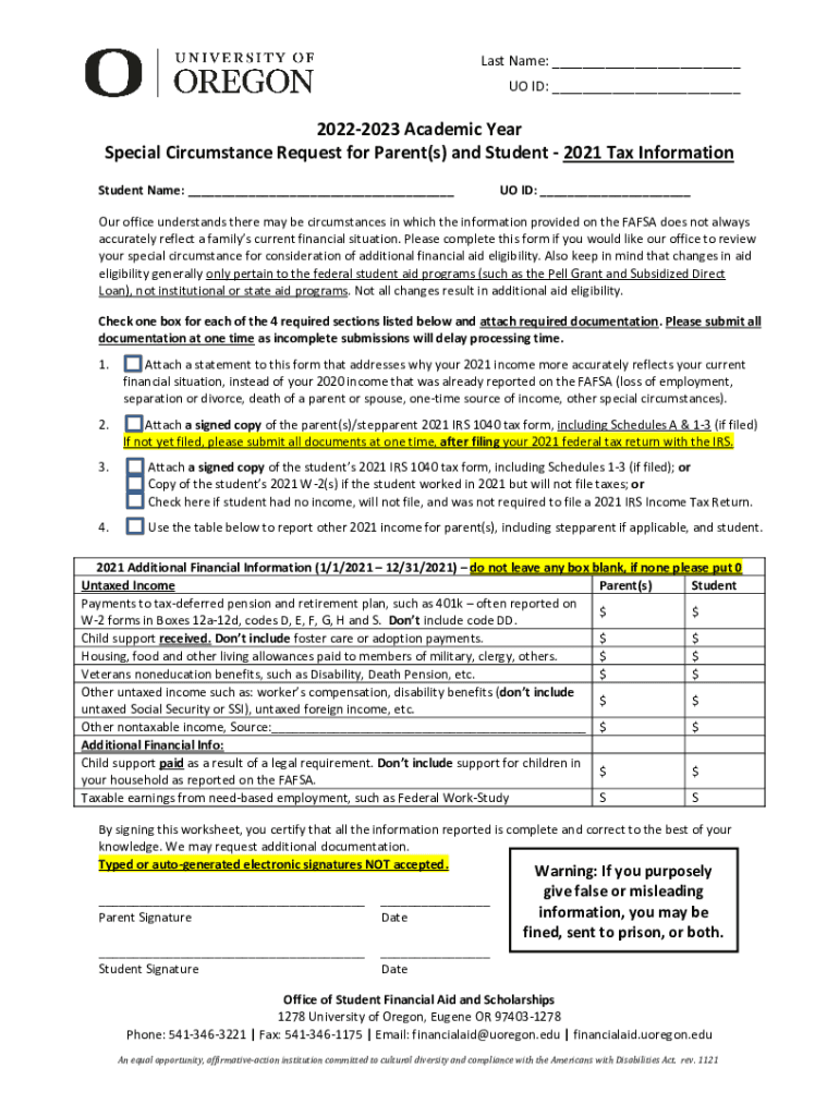 Fillable Online financialaid uoregon 2022-2023 Academic Year Special ...