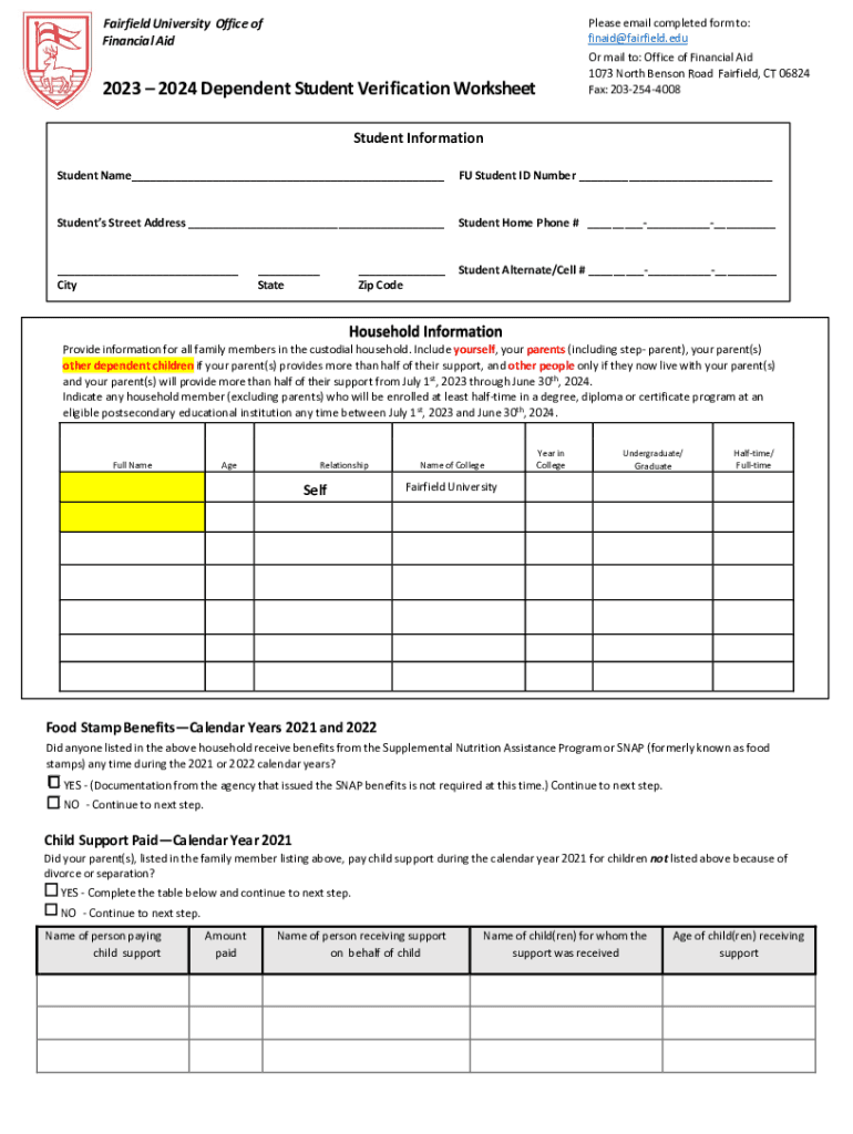 Fillable Online Fairfield University20232024 Dependent Student ...