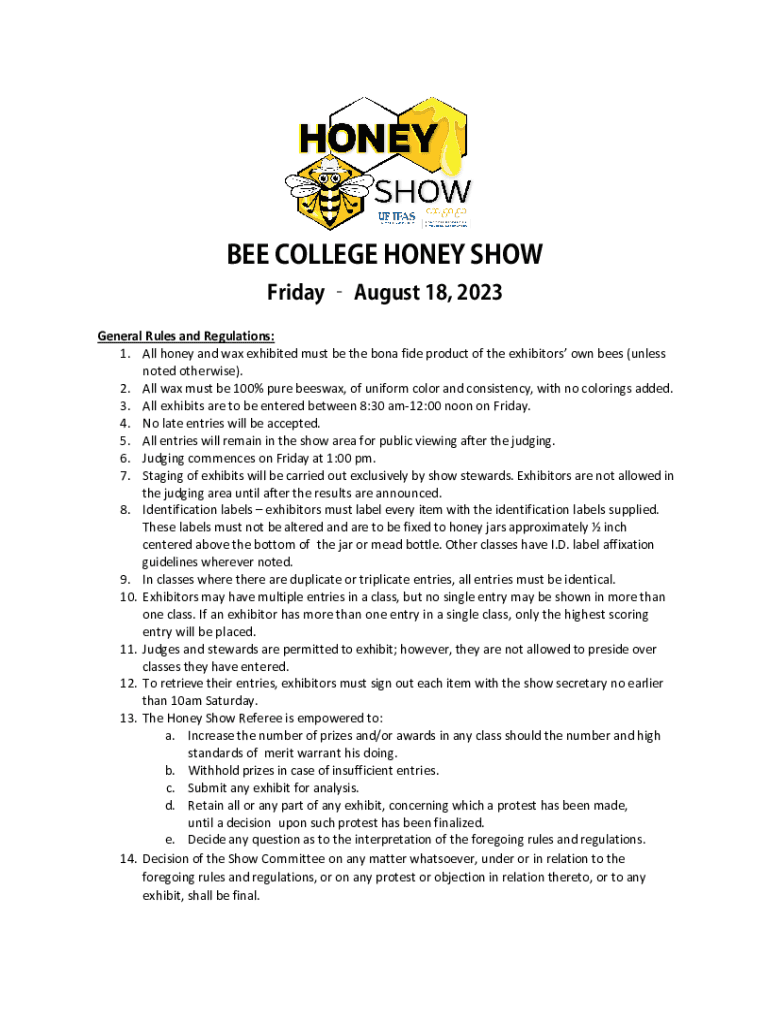 Fillable Online entnemdept ufl BEE COLLEGE HONEY SHOW - Friday Fax ...