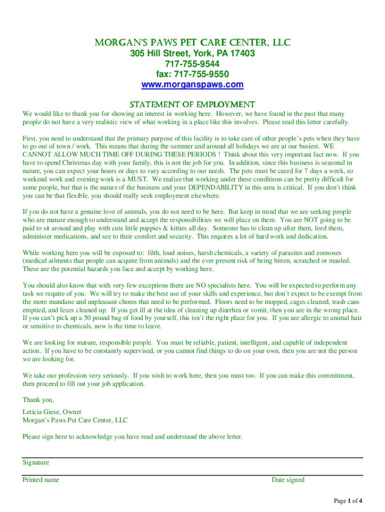 Fillable Online statement of employment Fax Email Print - pdfFiller