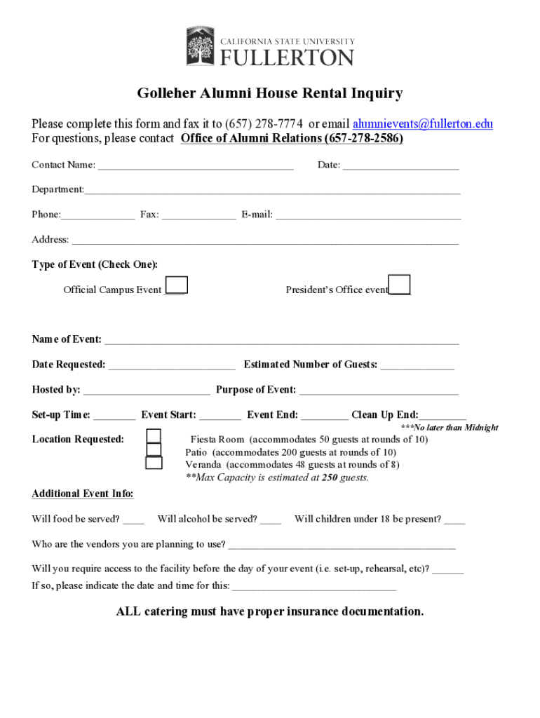 Fillable Online alumni fullerton THANK YOU for your choosing to host your event with ... Fax ...