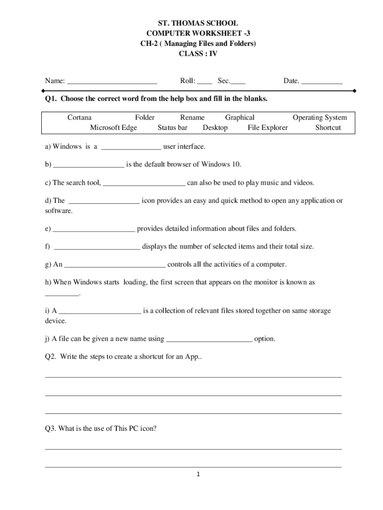 Fillable Online Computer WorkSheet CLASS3 Managing Files and ... Fax ...