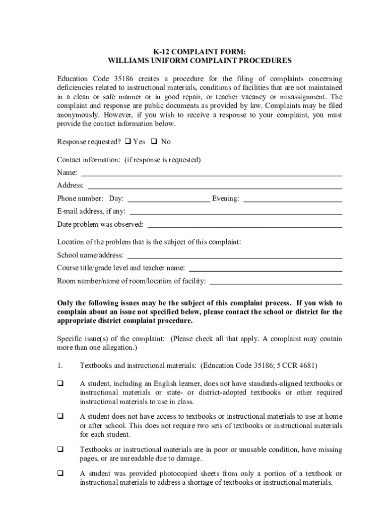 Fillable Online Williams Uniform Complaint Procedures Exhibit 2 ...