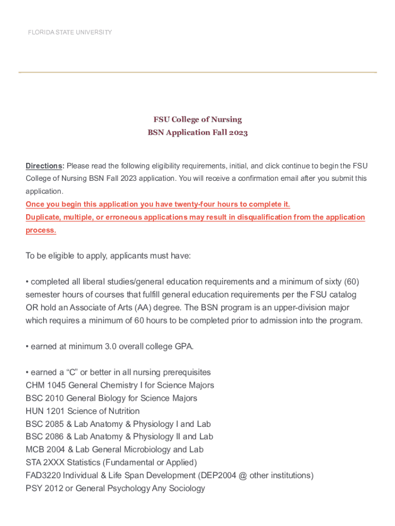 Fillable Online nursing fsu To be eligible to apply, applicants must ...